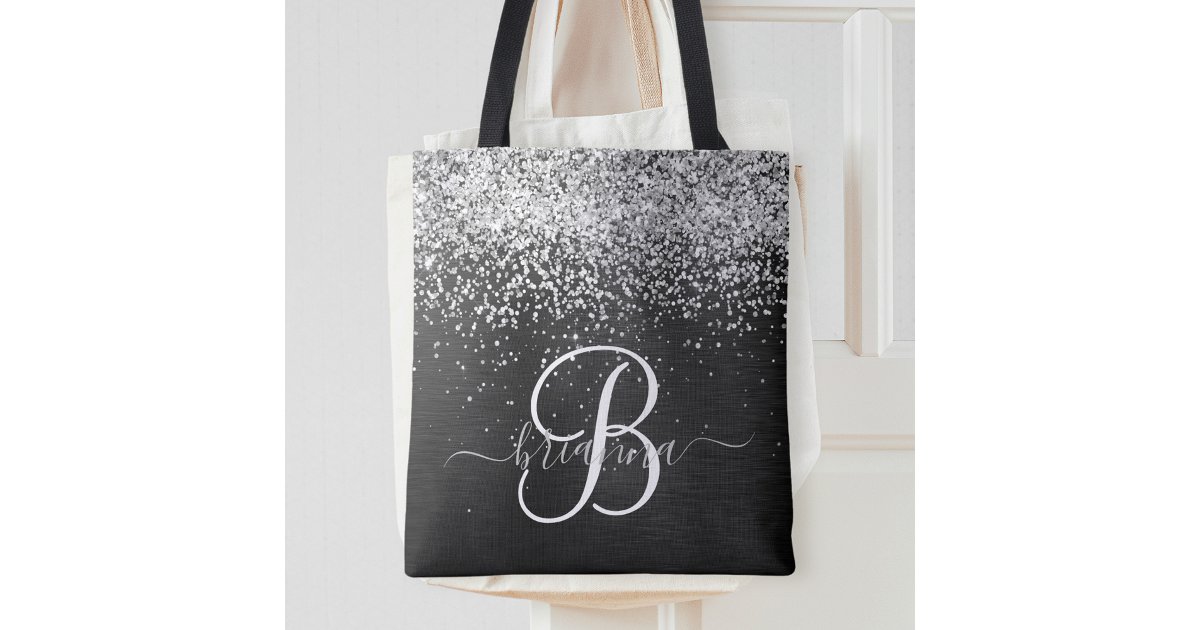 Custom Silver Glitter Black Sparkle Monogram Tote Bag | Zazzle