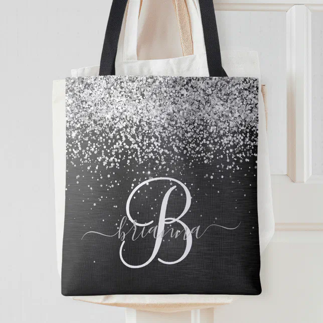 Custom Silver Glitter Black Sparkle Monogram Tote Bag | Zazzle