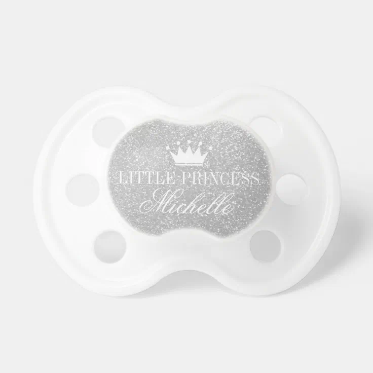 Custom silver glitter print princess crown pacifier | Zazzle