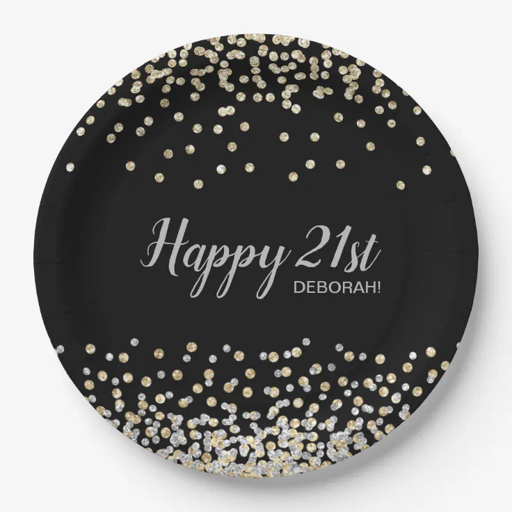 Custom Silver Gold Confetti 21st Birthday Party Paper Plates | Zazzle