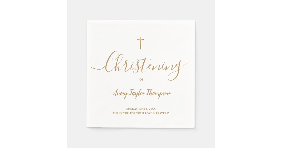 Custom SImple Gold Cross Christening Script Napkins | Zazzle