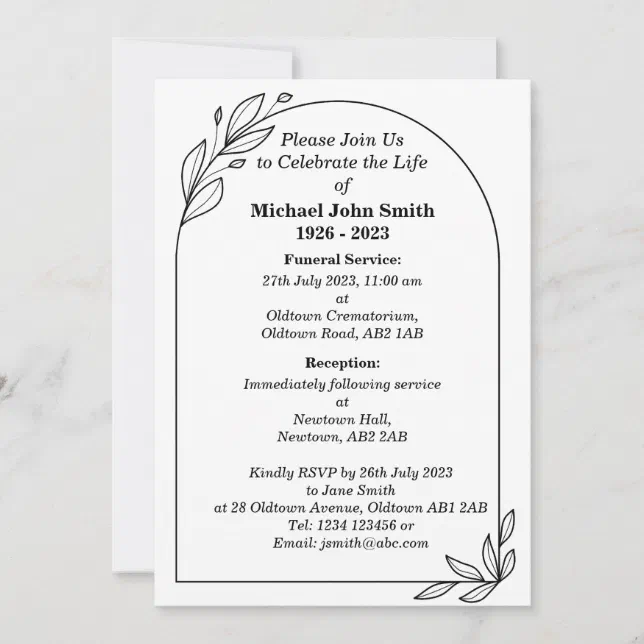 Custom Simple Minimalist Funeral Invitation Card | Zazzle