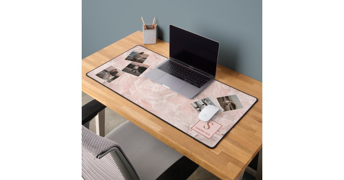 Custom Simple Photos Collage On Blush Pink Marble Desk Mat | Zazzle