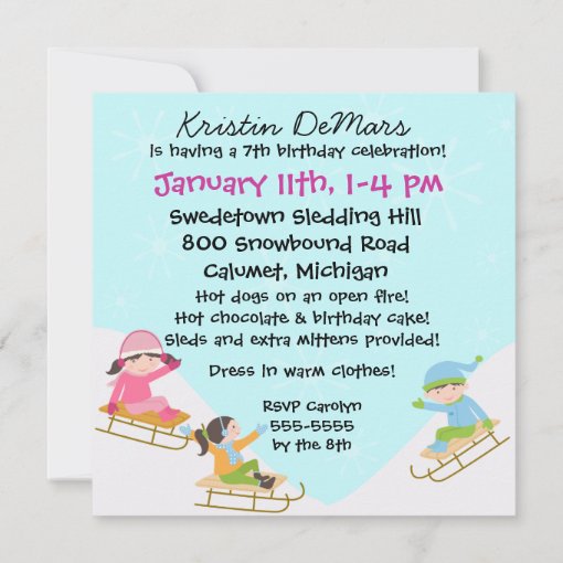 Custom Sledding Party Birthday Invitations | Zazzle