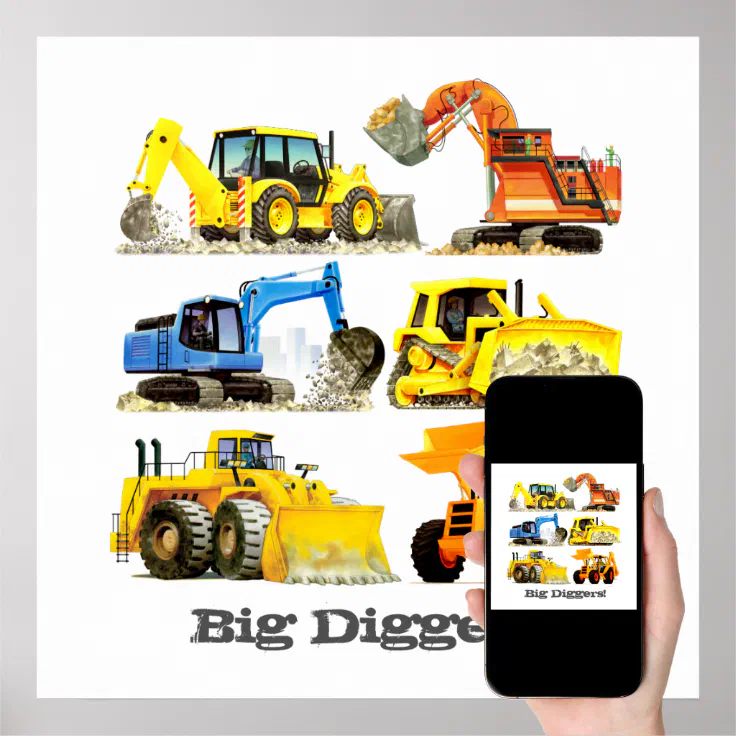 Custom Slogan Big Diggers Construction Trucks Poster | Zazzle