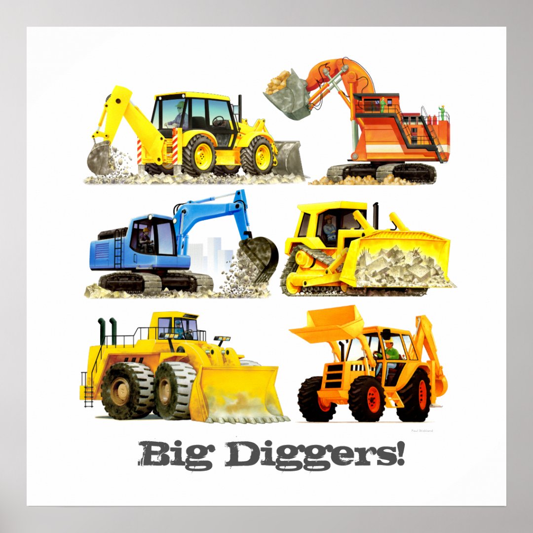 Custom Slogan Big Diggers Construction Trucks Poster | Zazzle