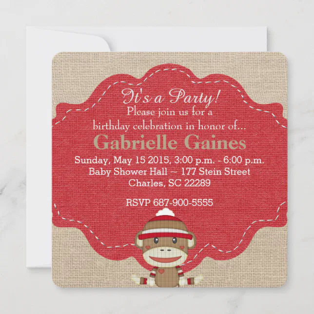Custom Sock Monkey Birthday Party Invitation | Zazzle