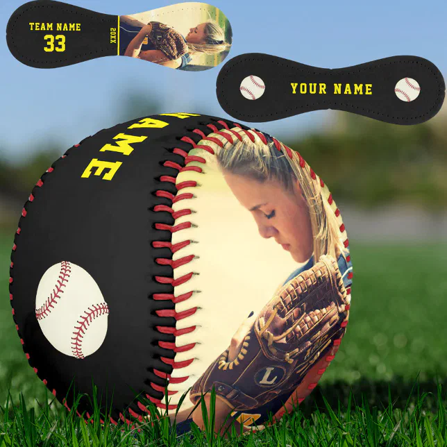 Custom Softball with Team Name Number Photo Black | Zazzle