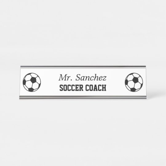 Custom sports coach black & white soccer ball logo desk name plate ...
