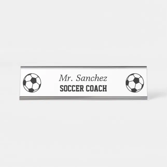 Custom sports coach black & white soccer ball logo desk name plate | Zazzle