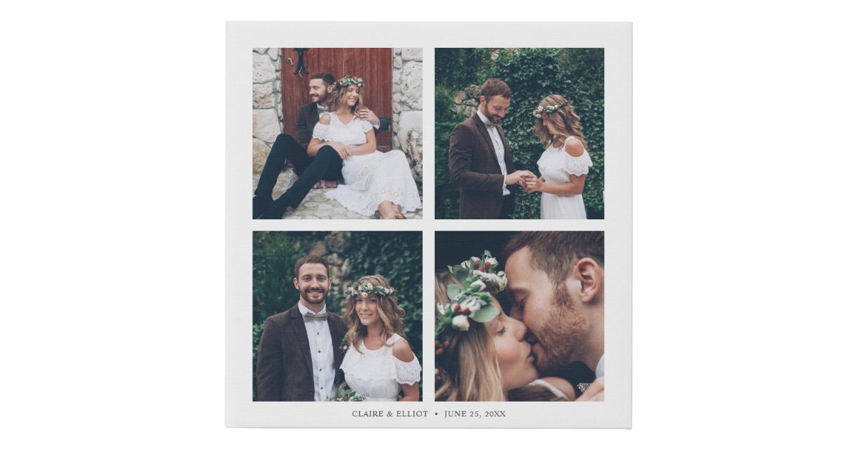 Custom Square Collage Wedding Photo & Text Faux Canvas Print | Zazzle