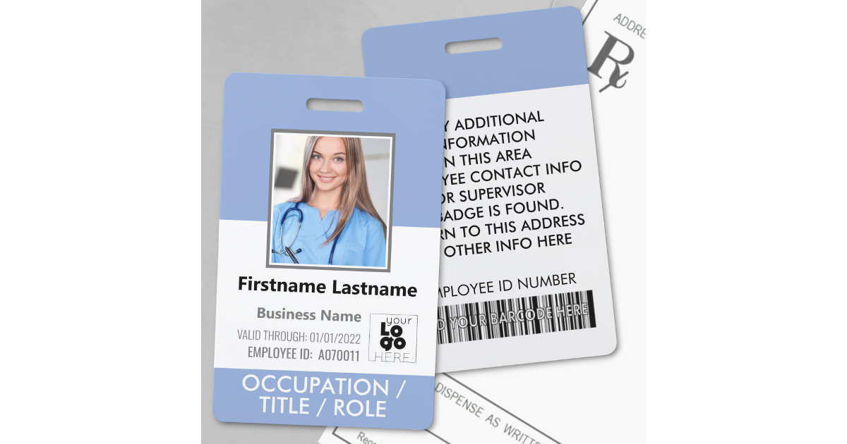 Custom Staff Photo Barcode Logo Serenity Blue Name Badge | Zazzle