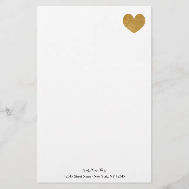 Custom stationery paper with gold glitter heart | Zazzle