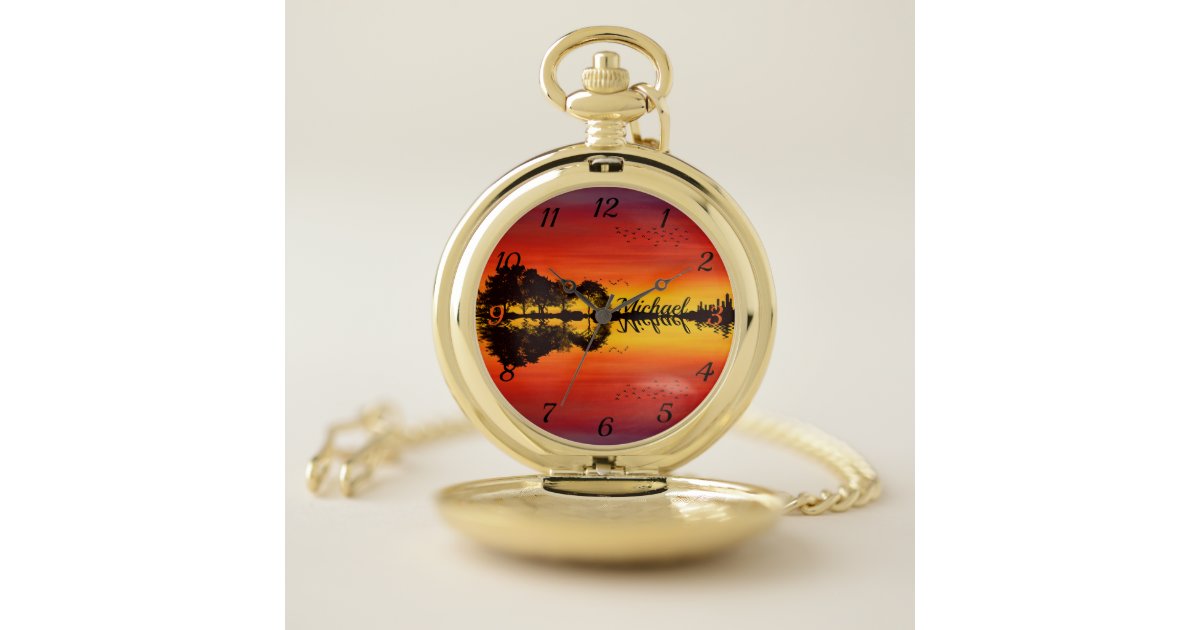 Custom Sunset Reflection Landscape with Name Pocket Watch | Zazzle