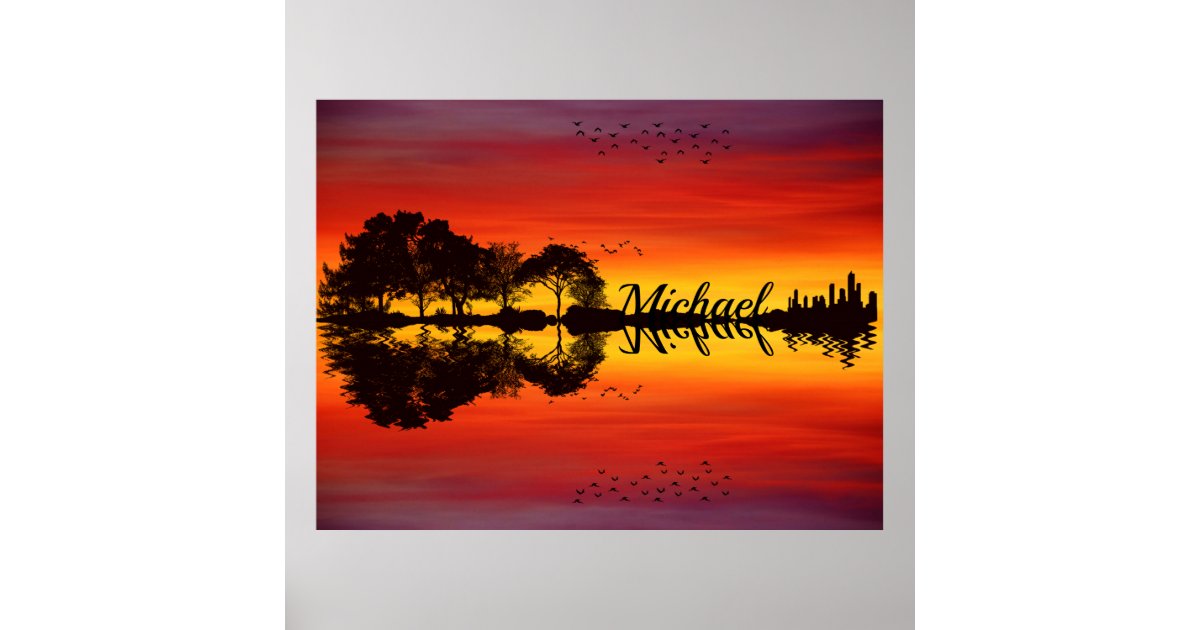Custom Sunset Reflection Landscape with Name Poster | Zazzle