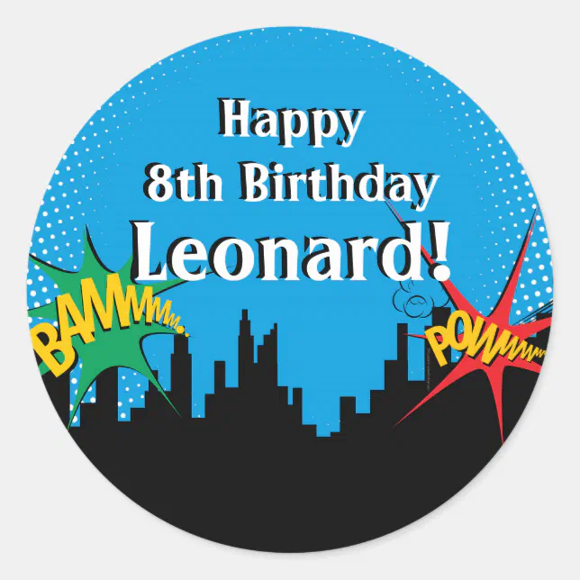 Custom Superhero Comic Boy's Birthday Party Classic Round Sticker | Zazzle