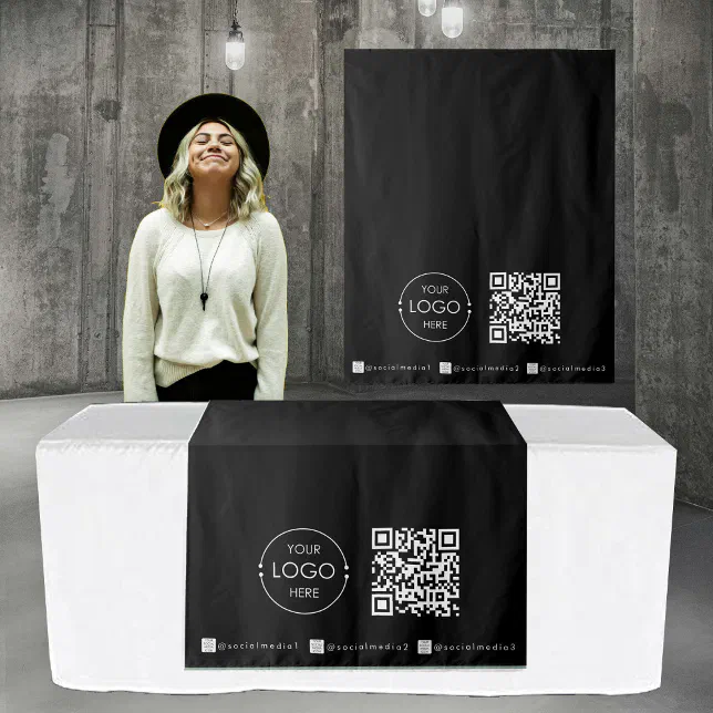 Custom Table Runner Banner Black Business QR Code Tapestry | Zazzle