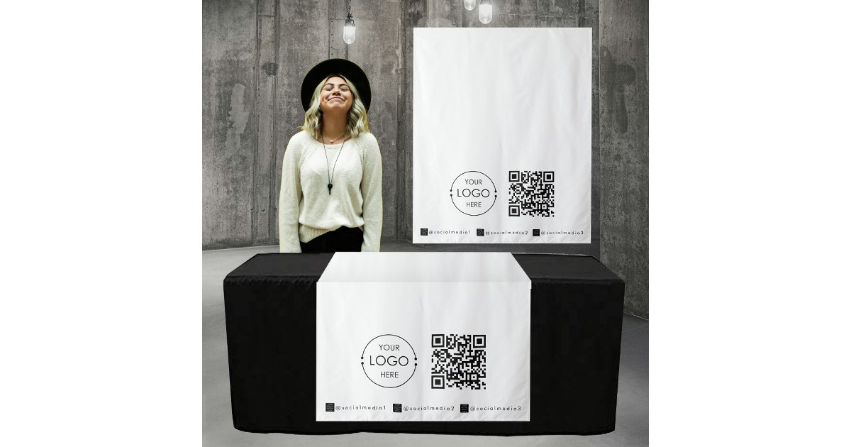 Custom Table Runner Banner White Business QR Code Tapestry | Zazzle