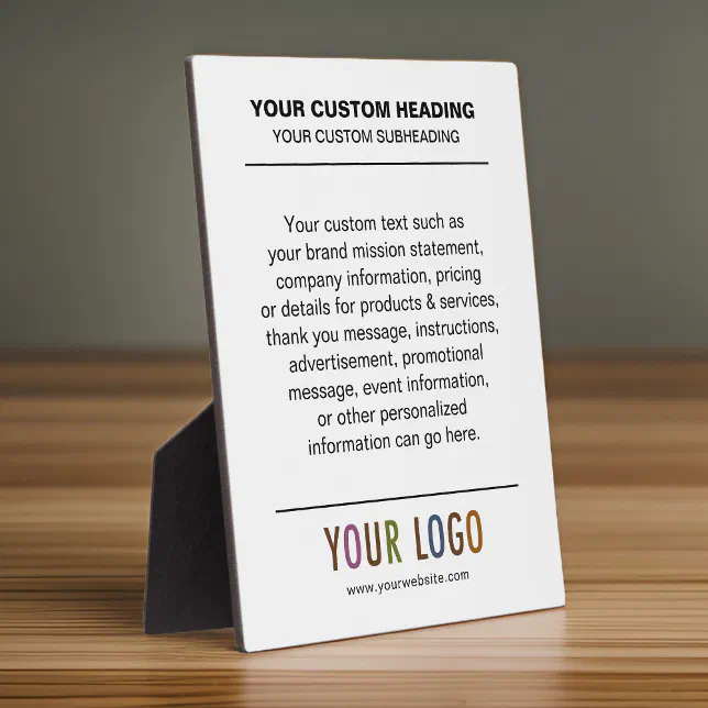Custom Table Top Sign Easel for Business with Logo Plaque | Zazzle