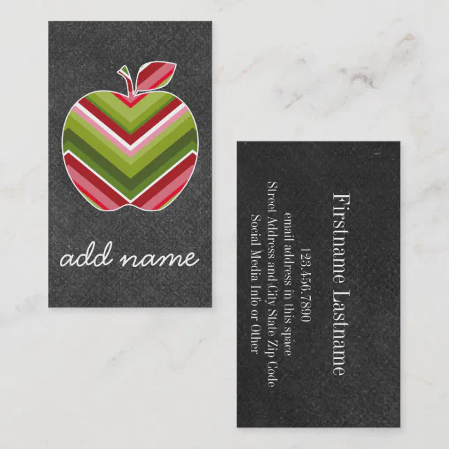 Custom Teacher Apple - Red Green Chevron Pattern Business Card | Zazzle