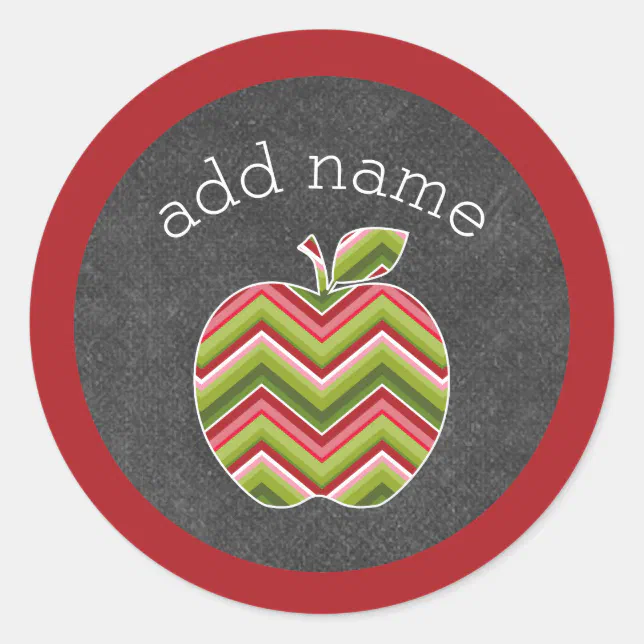 Custom Teacher Apple - Red Green Chevron Pattern Classic Round Sticker ...
