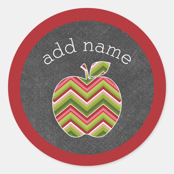 Custom Teacher Apple - Red Green Chevron Pattern Classic Round Sticker ...