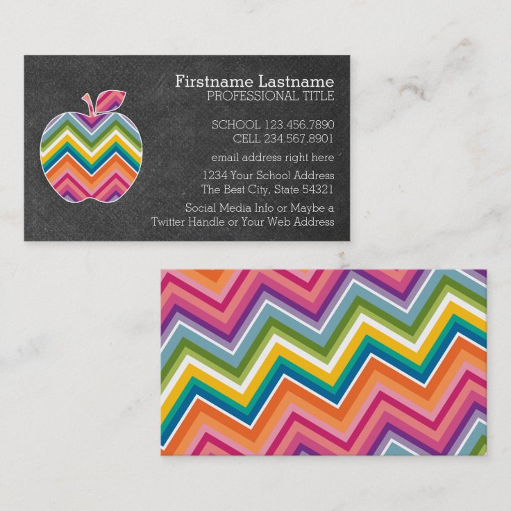 Custom Teacher Apple with Trendy Chevron Pattern Business Card | Zazzle