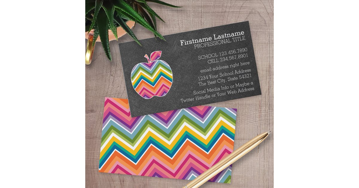 Custom Teacher Apple with Trendy Chevron Pattern Business Card | Zazzle