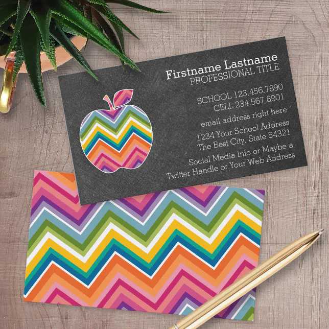 Custom Teacher Apple with Trendy Chevron Pattern Business Card | Zazzle