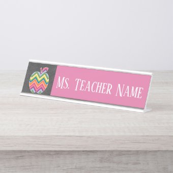 Custom Teacher Apple with Trendy Chevron Pattern Desk Name Plate | Zazzle