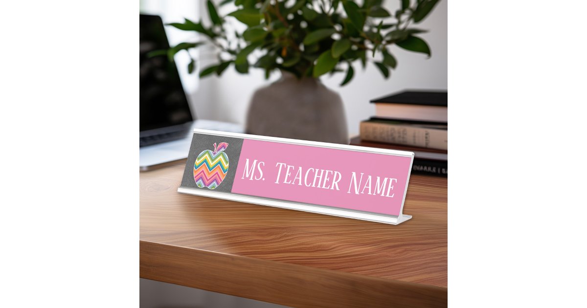 Custom Teacher Apple with Trendy Chevron Pattern Desk Name Plate | Zazzle