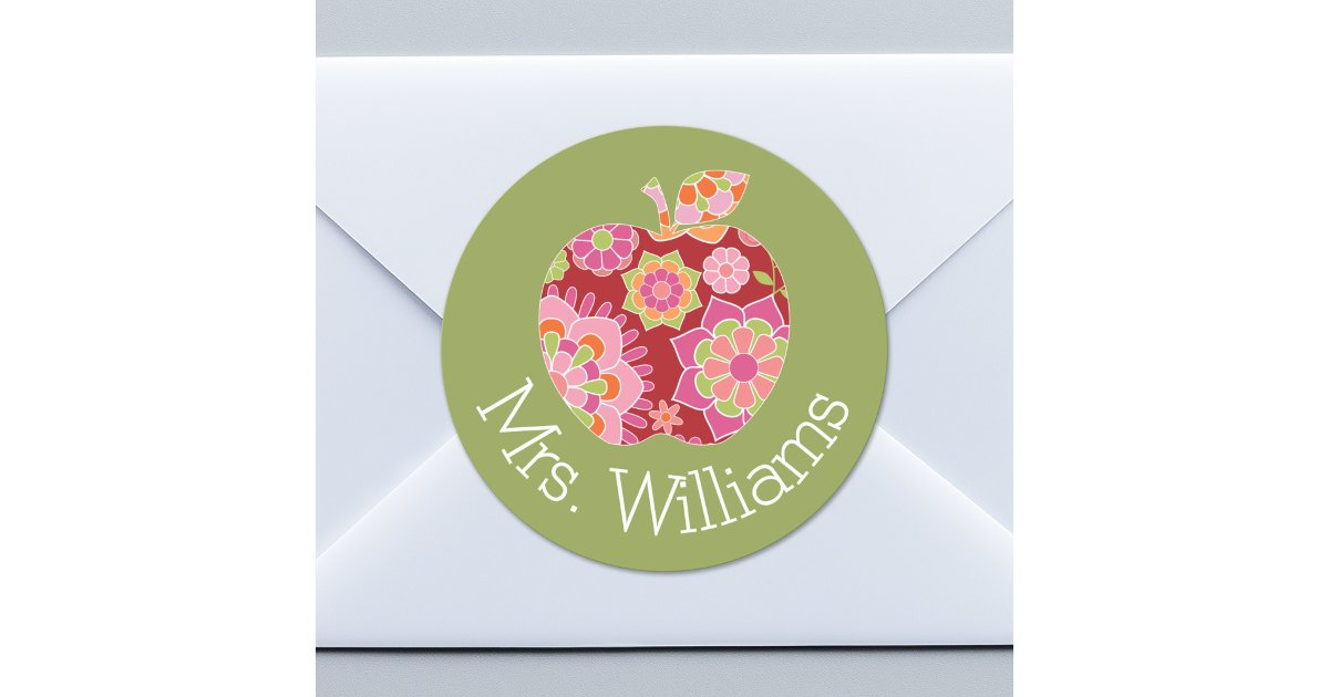 Custom Teacher Apple with Trendy Floral Pattern Classic Round Sticker ...