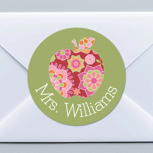 Custom Teacher Apple with Trendy Floral Pattern Classic Round Sticker ...