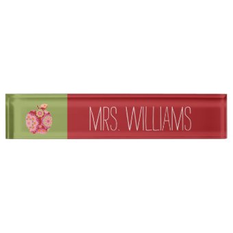 Custom Teacher Apple with Trendy Floral Pattern Desk Name Plate | Zazzle
