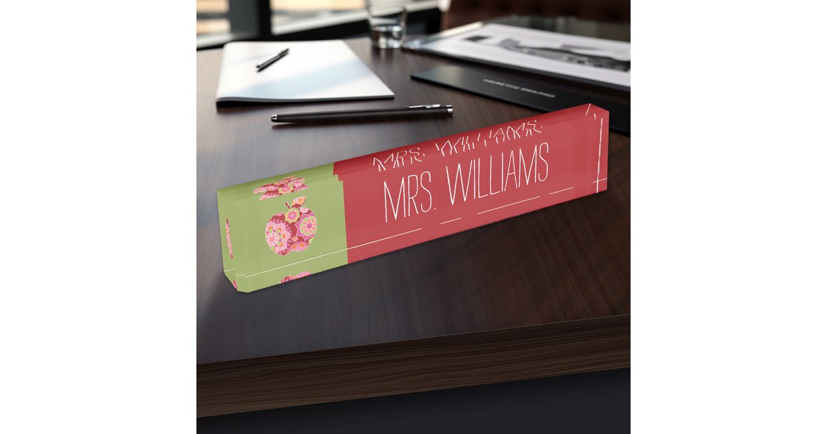 Custom Teacher Apple with Trendy Floral Pattern Desk Name Plate | Zazzle