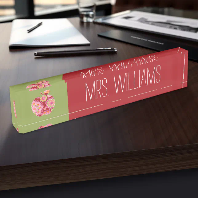 Custom Teacher Apple with Trendy Floral Pattern Desk Name Plate | Zazzle