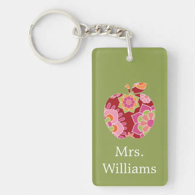Custom Teacher Apple with Trendy Floral Pattern Keychain | Zazzle
