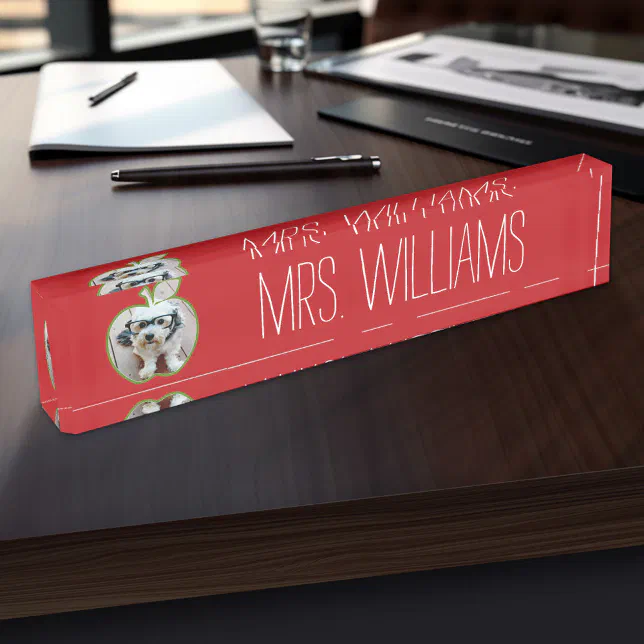 Custom Teacher Apple with Vertical Photo Desk Name Plate | Zazzle