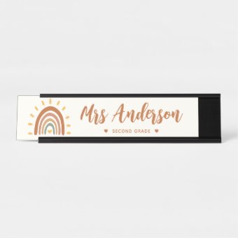Custom Teacher Name Grade Boho Rainbow Sun Desk Name Plate | Zazzle