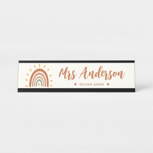 Custom Teacher Name Grade Boho Rainbow Sun Desk Name Plate | Zazzle