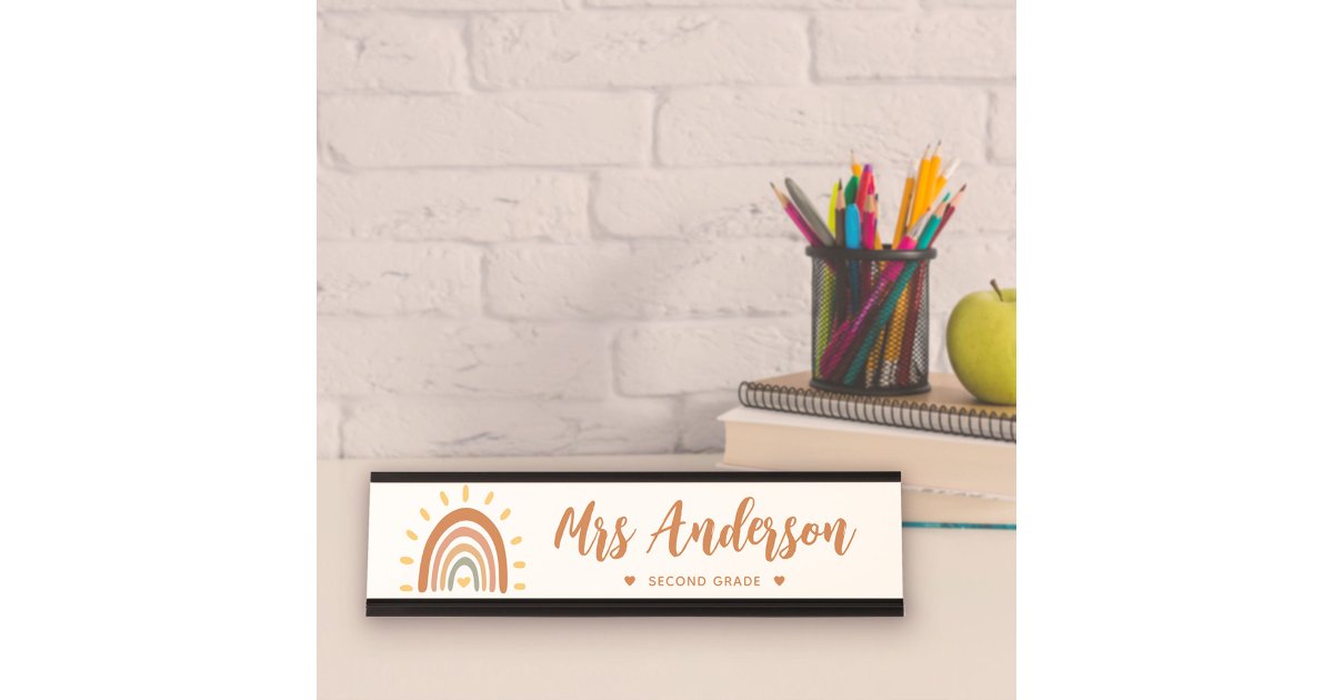 Custom Teacher Name Grade Boho Rainbow Sun Desk Name Plate | Zazzle