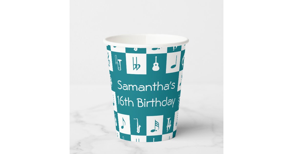 Custom teal and white music notes and instruments paper cups | Zazzle
