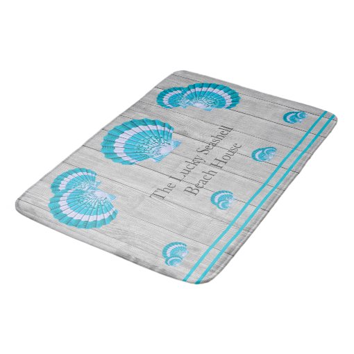 Custom Teal Aqua Seashell White Shell Coastal Gray Bath Mat | Zazzle