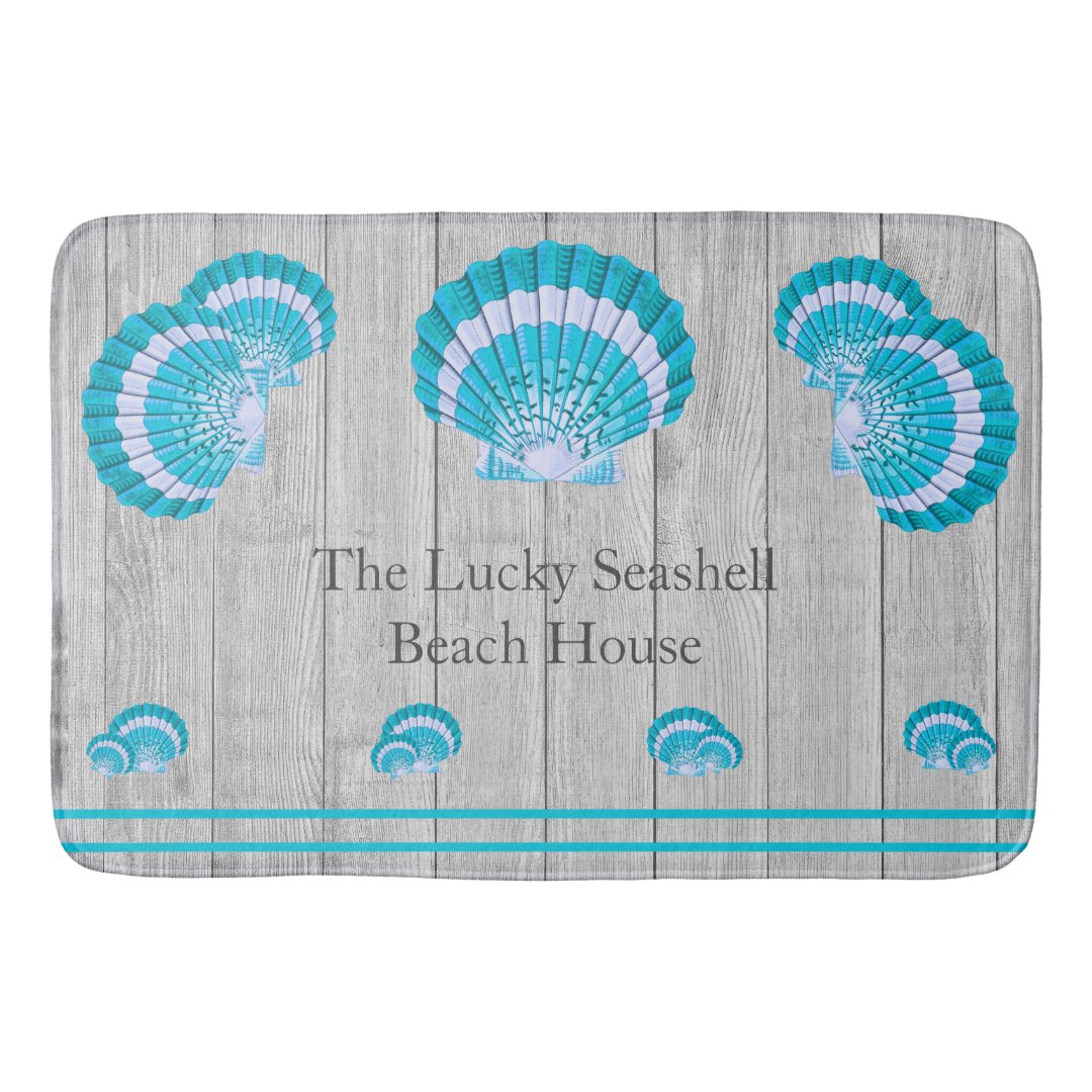 Custom Teal Aqua Seashell White Shell Coastal Gray Bath Mat | Zazzle