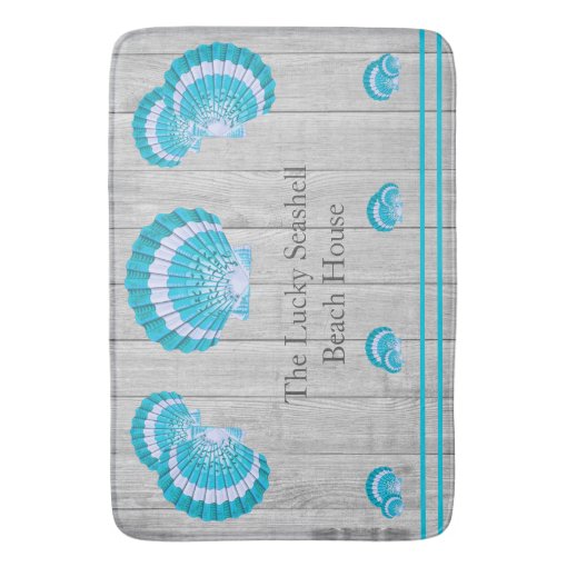 Custom Teal Aqua Seashell White Shell Coastal Gray Bath Mat | Zazzle