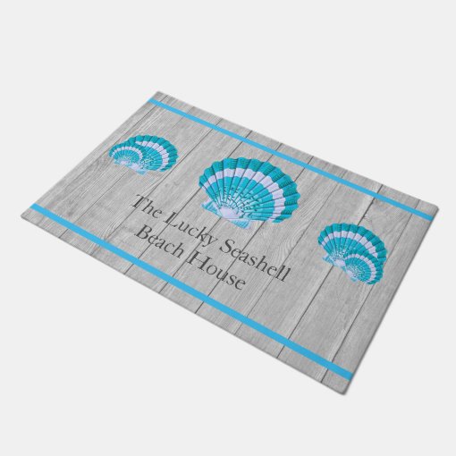 Custom Teal Blue Seashell White Shell Coastal Gray Doormat | Zazzle