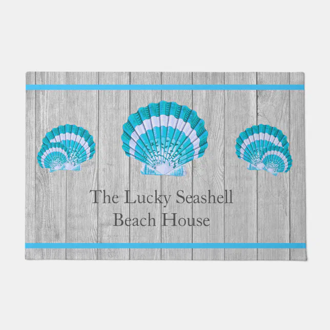 Custom Teal Blue Seashell White Shell Coastal Gray Doormat | Zazzle