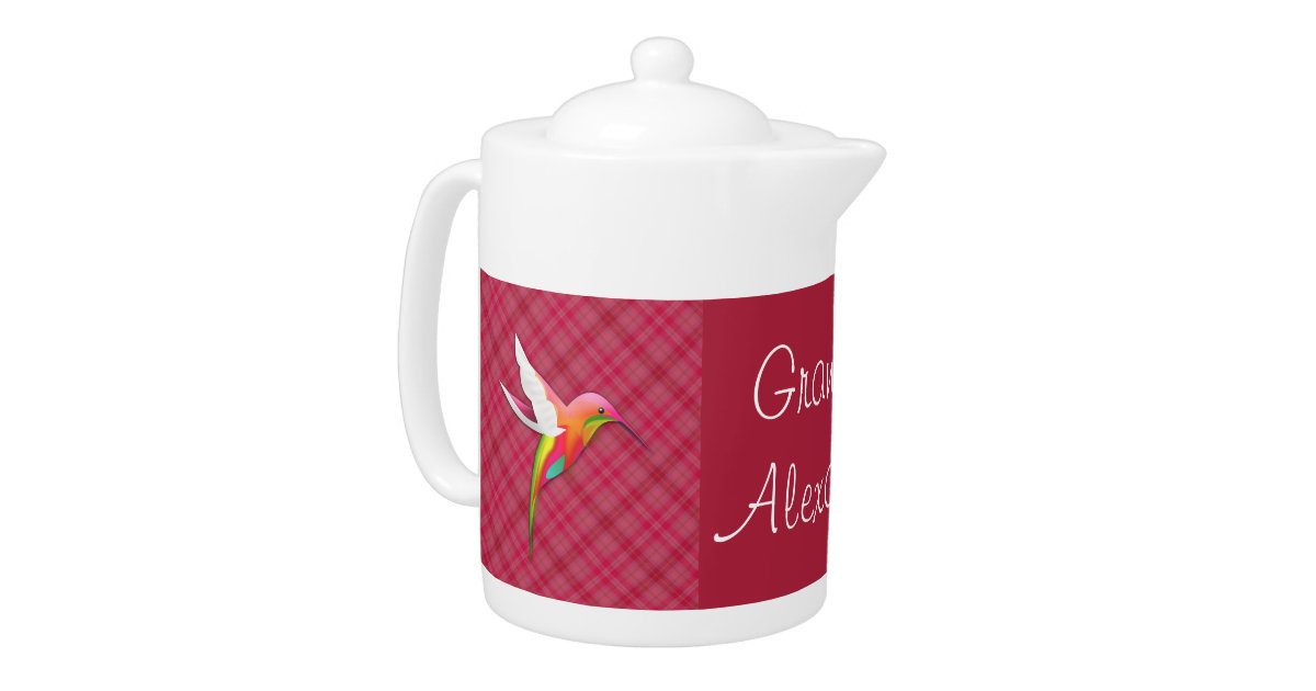 Custom Teapot,Colorful Hummingbird with Pink Plaid Teapot | Zazzle
