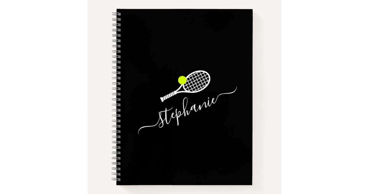 Custom Tennis Racket Monogram Name Black Notebook | Zazzle
