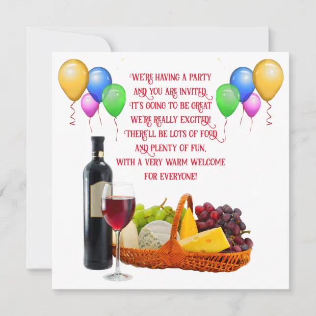 Custom text Balloons and Food Party Invitation | Zazzle